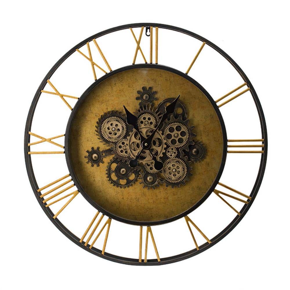 Benjara Gold and Black Analog Iron Round Gear Design Hanging Wall Clock ...