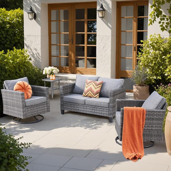 XIZZI Yolanda Gray 4-Piece Wicker Outdoor Rocking Chair Set with Dark ...