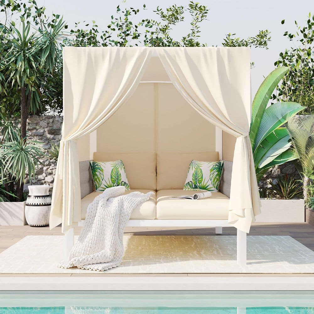 AUTMOON Metal Frame Outdoor Patio Sunbed Day Bed with Cushions and Rope ...