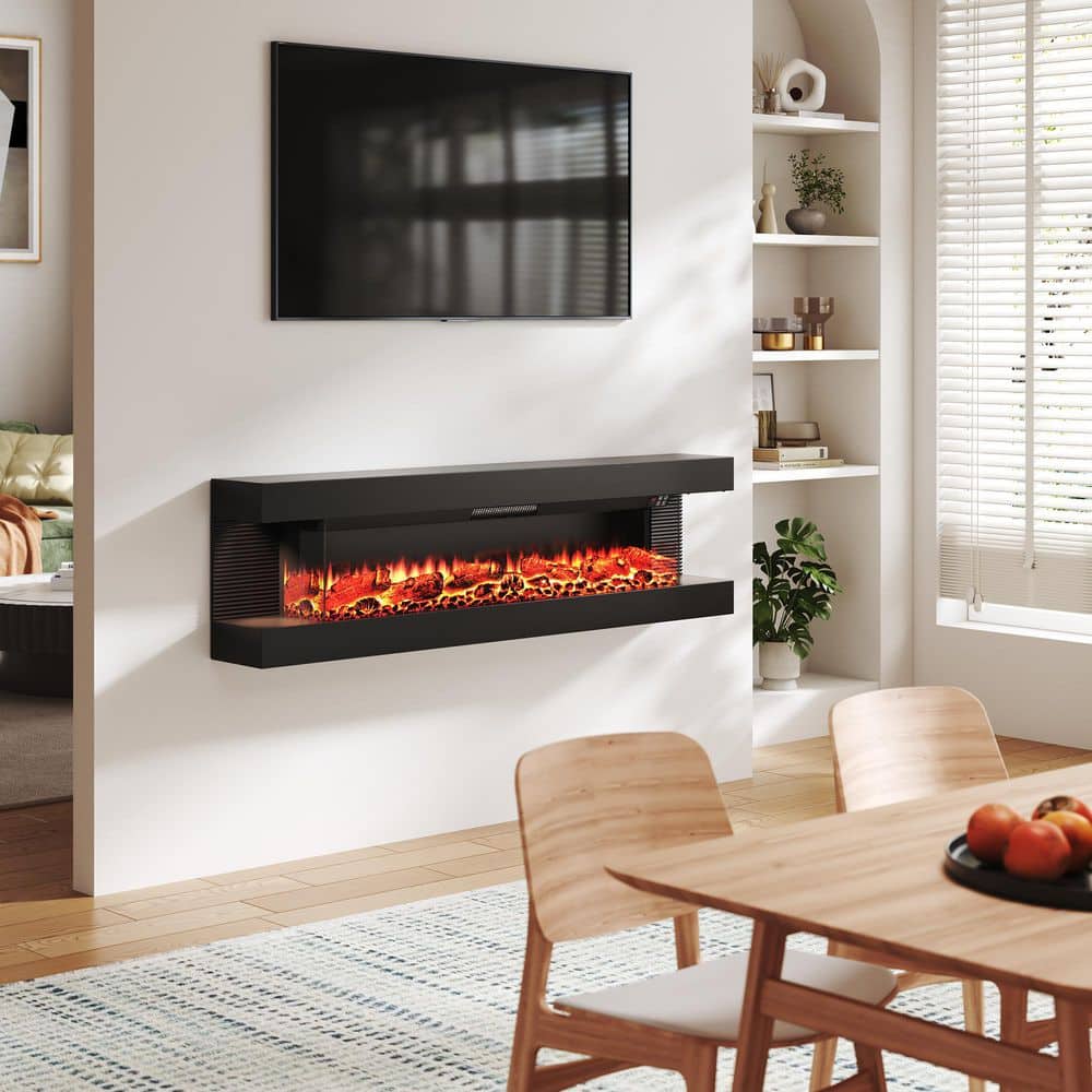 Clihome 60in. Wall Mount Electric Fireplace with LED Lighted Mantel ...