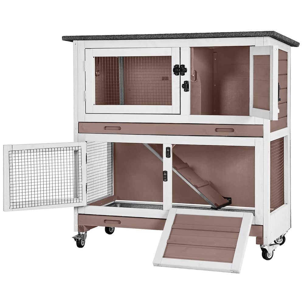 aivituvin Outdoor Indoor Bunny Hutch with Wheels, Wooden Rabbit House ...