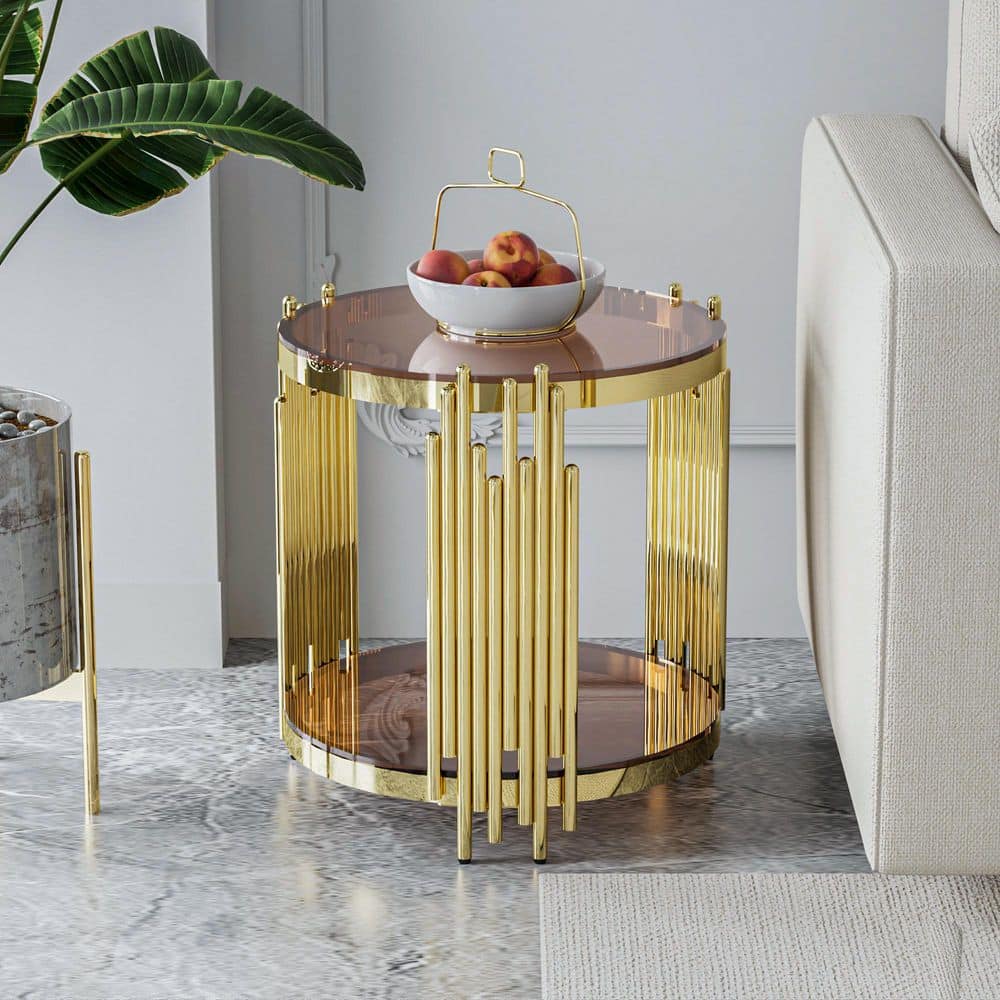 Seafuloy 20 in. Brown Round Glass Coffee Table with Tempered Glass&Gold Legs, 2-Tier Stainless ...