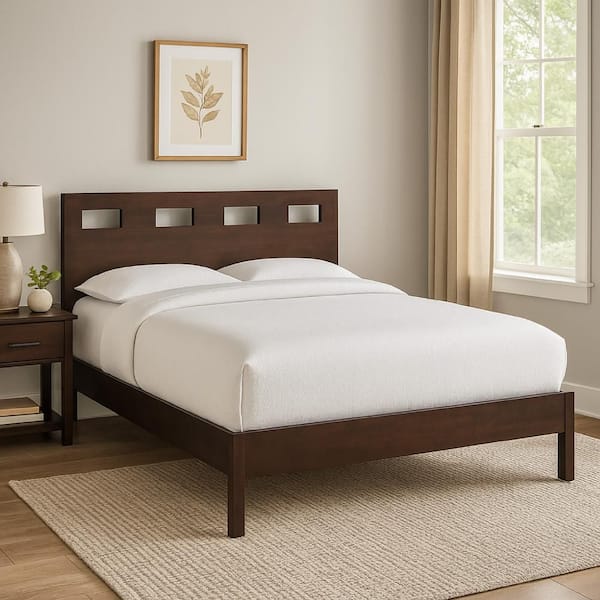 Benjara Yee Brown Wood Frame Full Panel Bed with Cut Out Design Panel ...