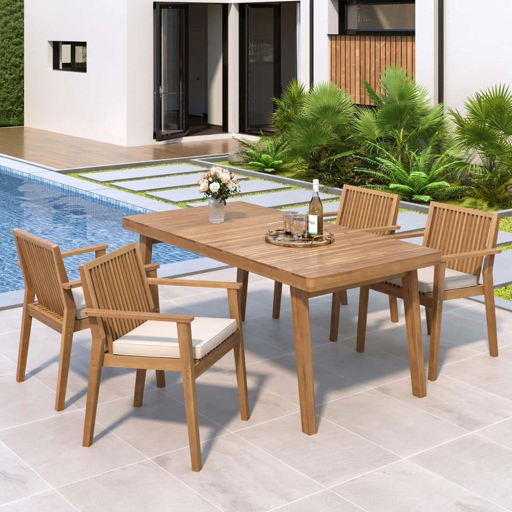 5-Piece Acacia Wood Outdoor Dining Set Table and 4 Heavy-Duty w/Beige ...
