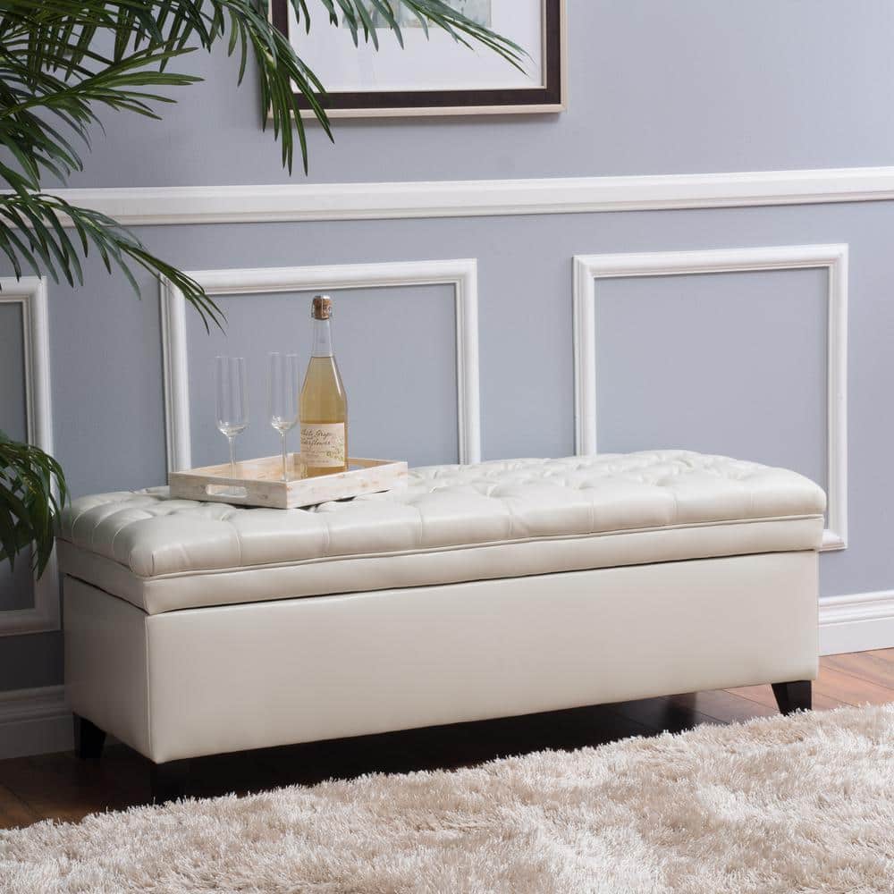 CHRISTOPHER KNIGHT HOME Ivory 50 in. Tufted PU Leather Bedroom Bench with Storage Solid Birch Legs NH757002IVY The Home Depot