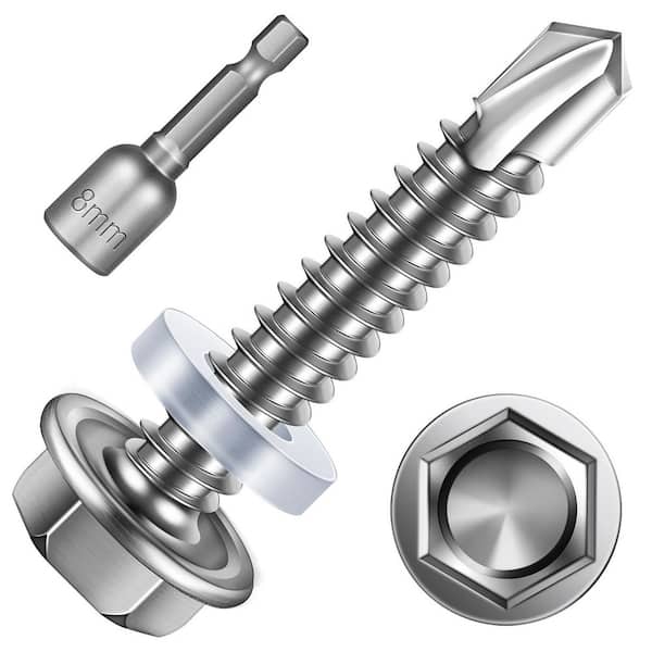 MYWISH #12 x 1-1/4 in. Stainless Steel Hex Washer Head Self Drilling Sheet Metal Screws (200 ...