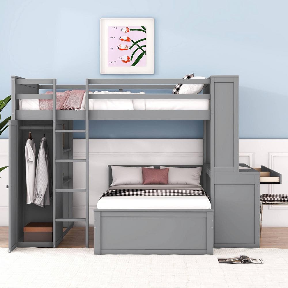 Polibi Gray Full Size Loft Bed with a Twin Size Stand-Alone Bed, Shelves, Desk and Wardrobe RS ...
