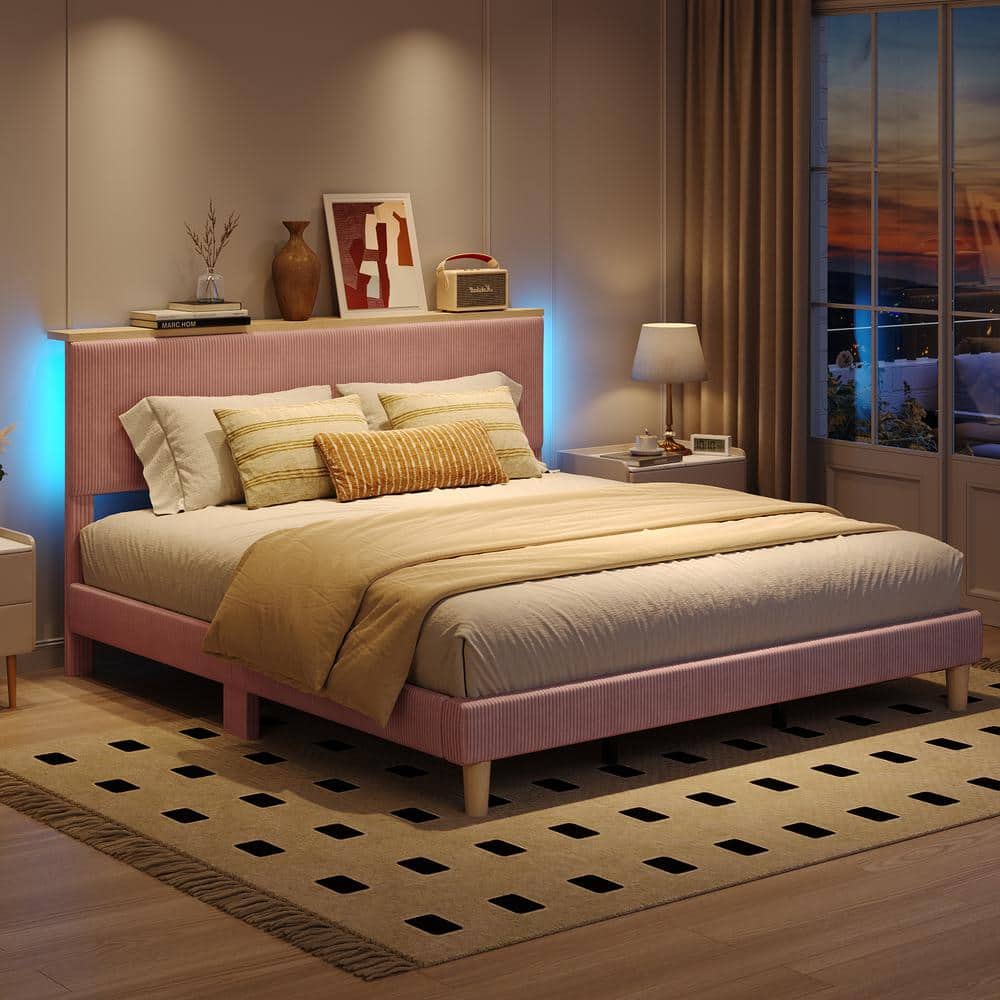 Bestier Pink Wood Frame King Size Velvet Upholstered Platform Bed Frame ...