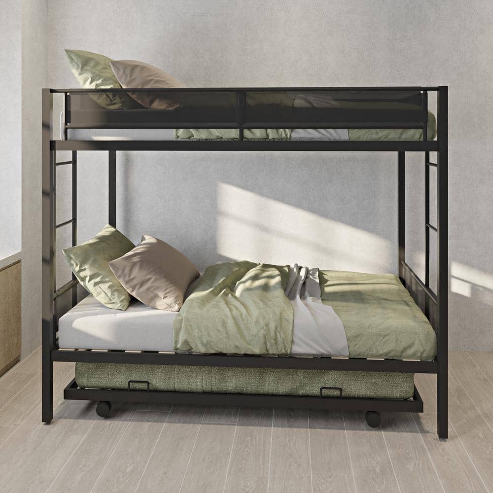 Polibi Black Metal Twin Over Twin Bunk Bed with Trundle No Box Spring ...