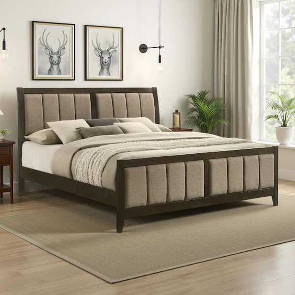 Benjara Wily Dark Cocoa Brown and Brown Hardwood Frame King Platform ...