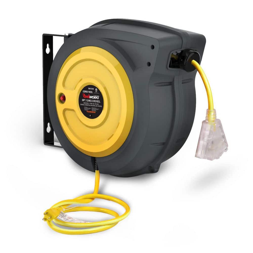 Reelworks 50 ft. 14/3 13 AMP Retractable Extension Cord Reel with 3 ...