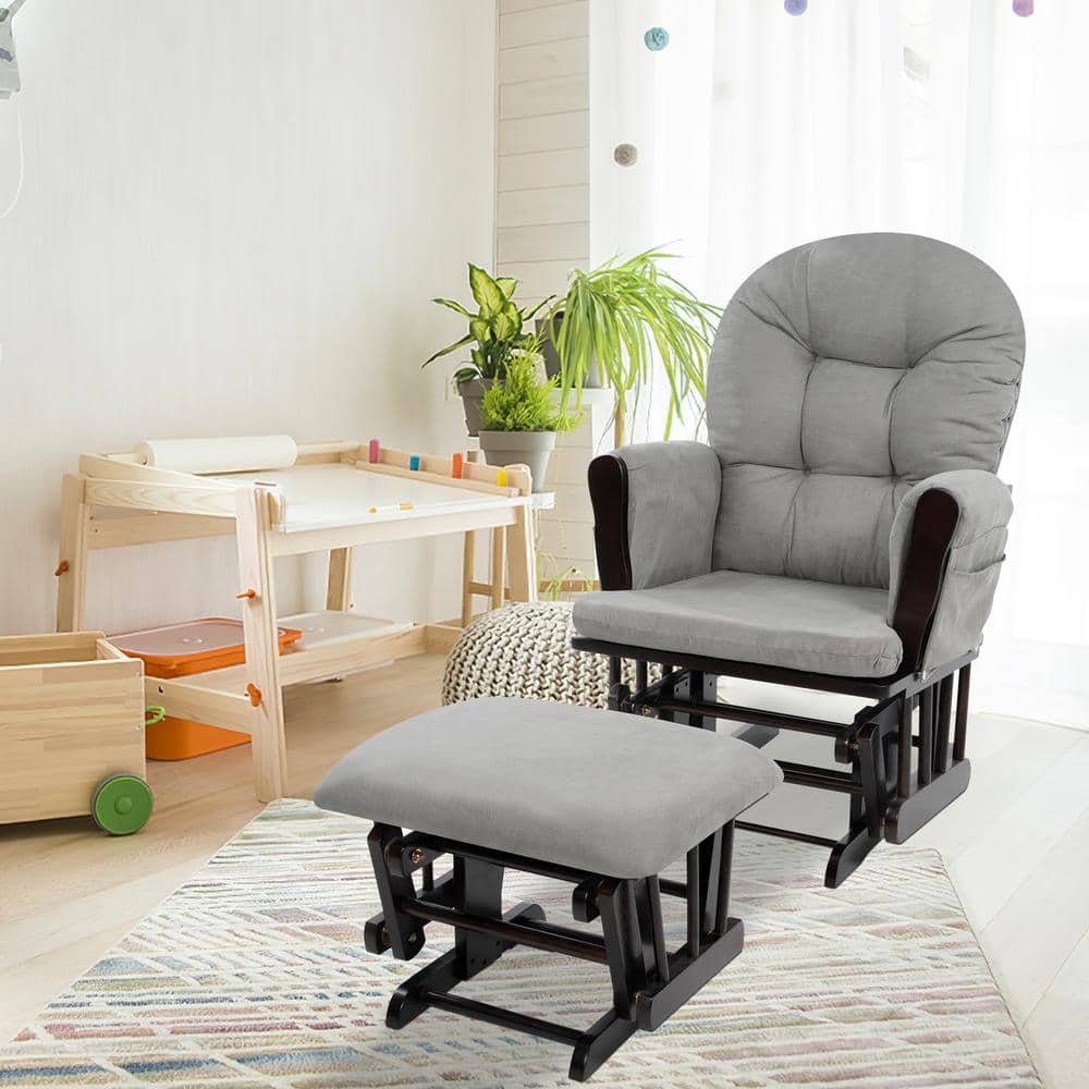 MAYKOOSH Espresso Nursery Glider and Ottoman Set with Dark Gray Cushion ...