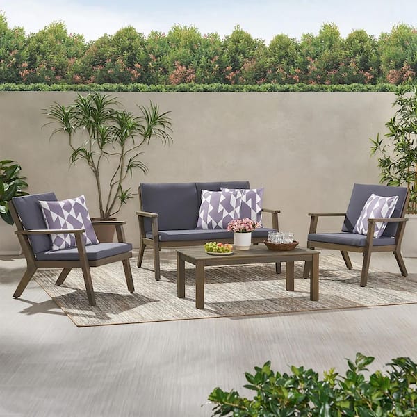 4 Pieces Acacia Wood Outdoor Patio Conversation Chat Sets with Gray ...