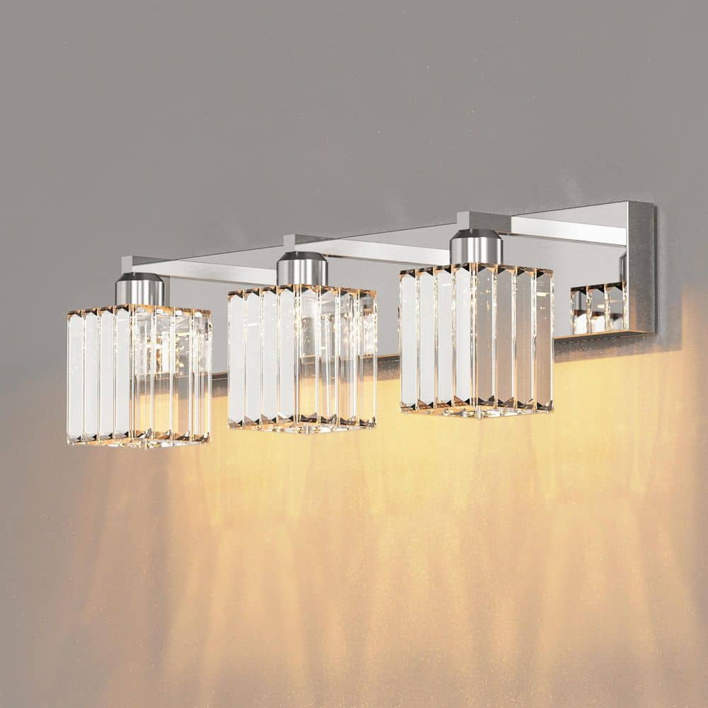 YANSUN 24 in. 3 Light Chrome LED Vanity Light with Modern Crystal Shade ...
