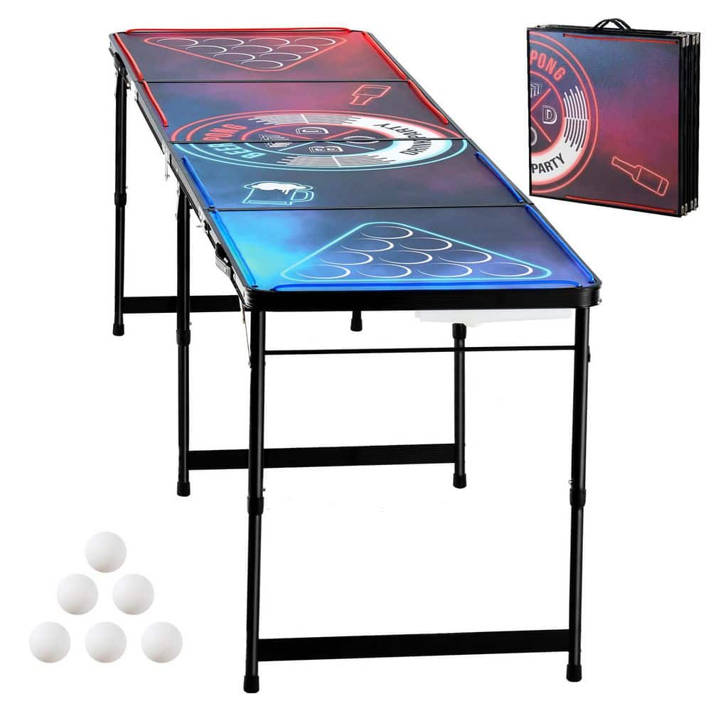 SKYSHALO 8 Ft. Portable Beer Pong Table, LED Lights, Foldable with Carrying Handles, 6 Pong ...