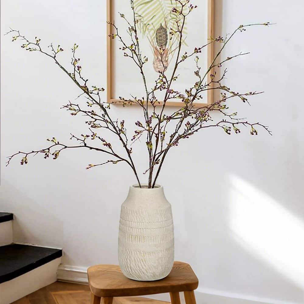9 in. Beige White Ceramic Round Rustic Vase for Home Office Tabletop ...