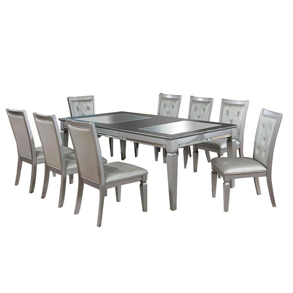Charlotte 9-Piece Rectangle Silver Glass Top Dining Room Set (Seats 8 ...