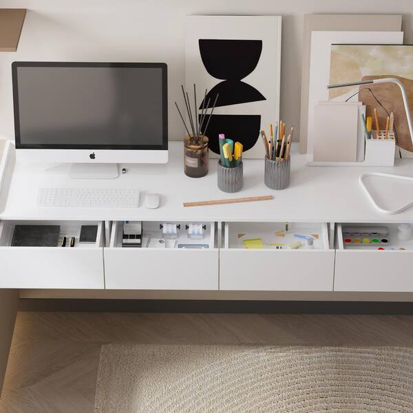 FUFU GAGA 59 in. W White Wood Floating Desk Office Home Wall Mounted Computer Desk with Bookshelf Drawers and Glass Doors KF390062 01 The Home Depot