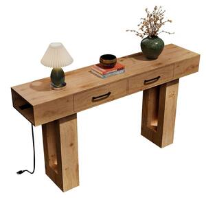 63 in. Brown Rectangular Wood End Table with 2 Drawers Charging Station ...