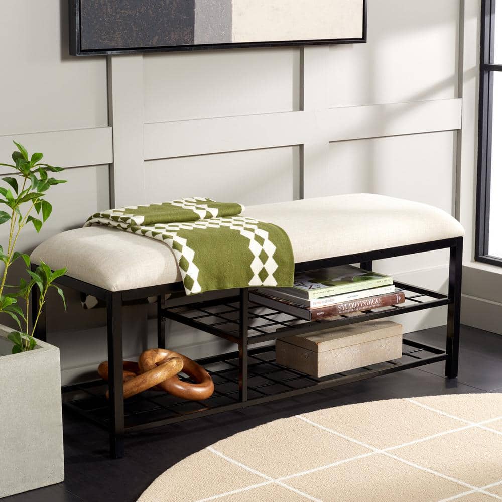 SAFAVIEH Milligan Cream/Black Entryway Bench With Cushion 42.01 in ...