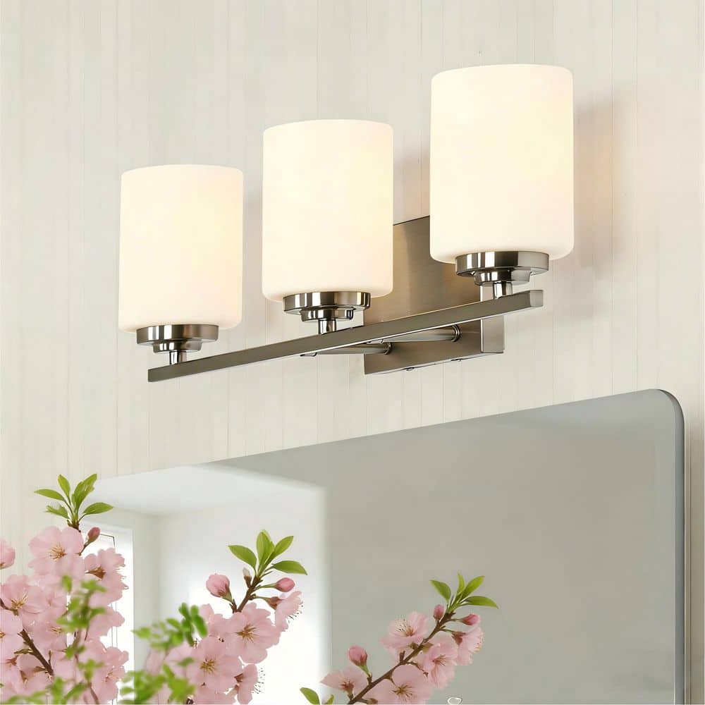 LNC Classic 23 in. 3-Light Brushed Nickel Bath Vanity Light with White ...