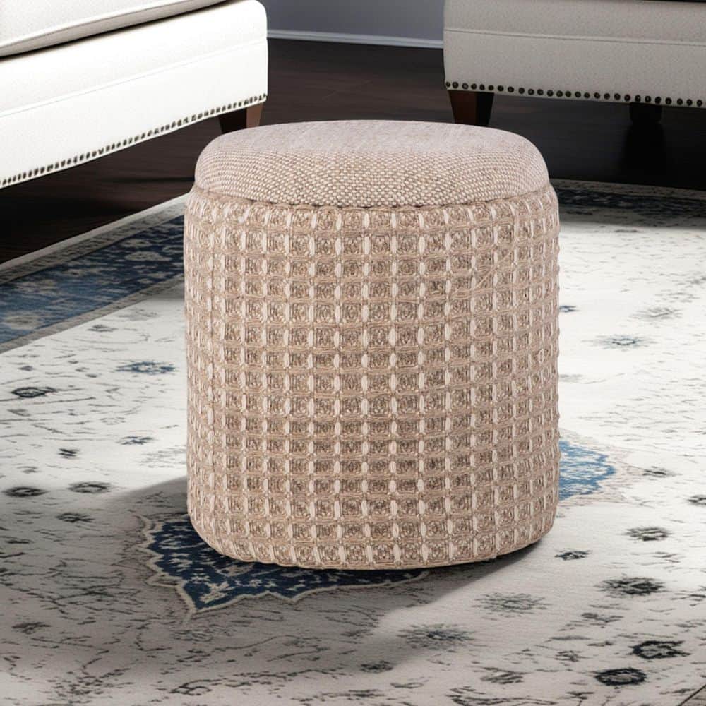 Carolina Chair & Table Handwoven Plutus Taupe Waffle 16 in. Round Cotton Fabric Storage Ottoman ...