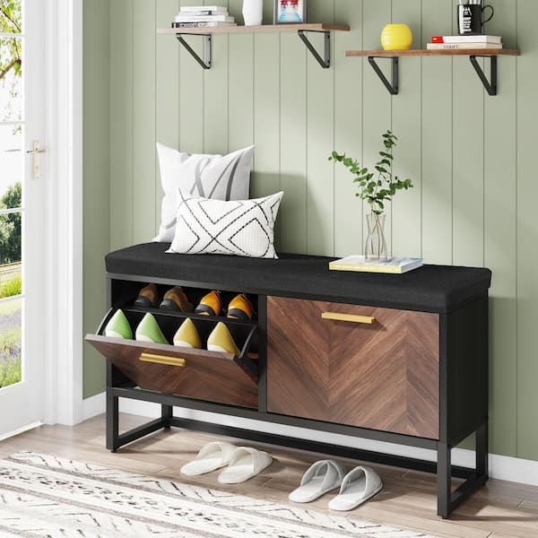 Tribesigns 24 in. H x 39 in. W Brown and Black Wood Shoe Storage Bench with Cushion and Drawers for Entryway TJHD XK00246 HY The Home Depot