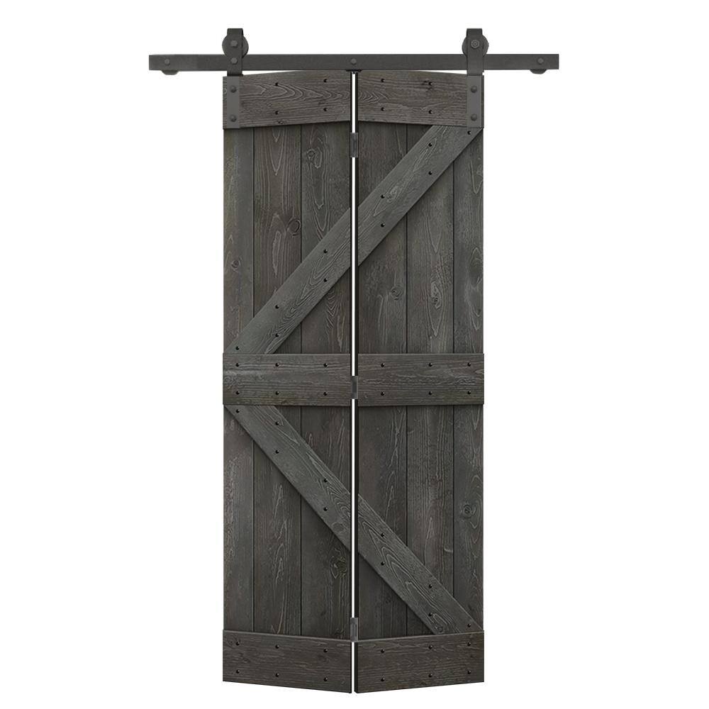 CALHOME 34 in. x 84 in. K-Series Solid Core Carbon Gray Stained DIY Wood Bi-Fold Barn Door with ...