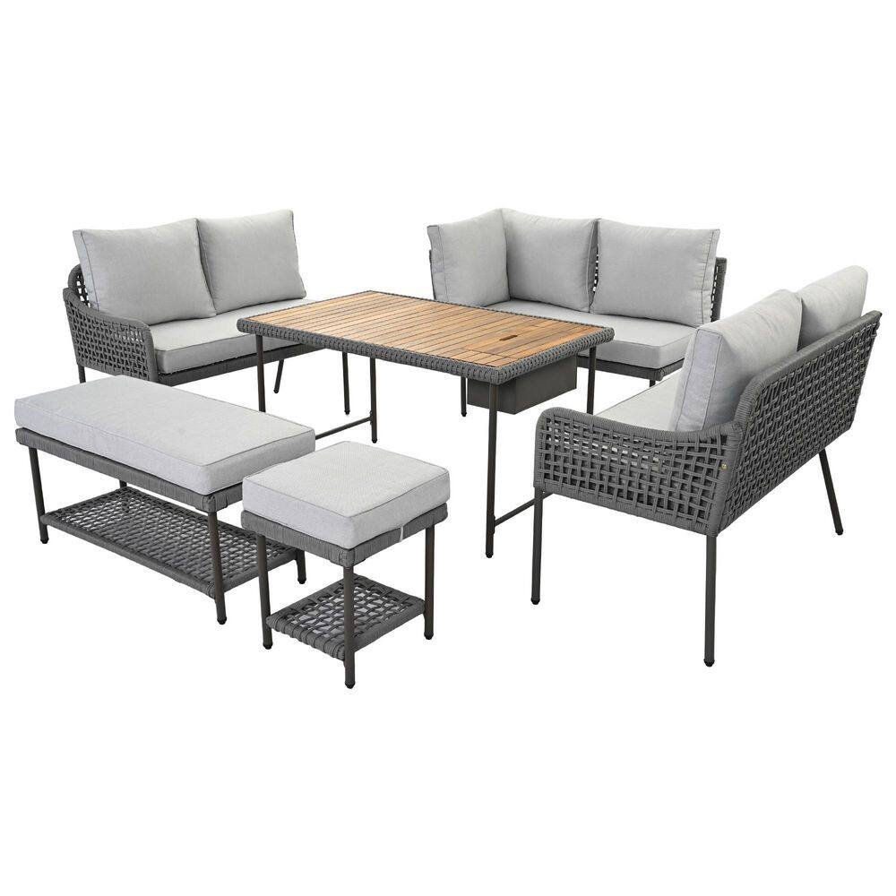 Gray Wicker Outdoor Lounger Sectional Sofa, 6-Piece L-Shaped Patio Set ...