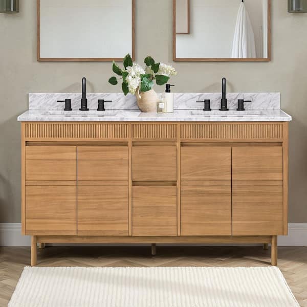 Avanity Kayla 61 in. Double Sink Natural Teak Bath Vanity with Carrara ...