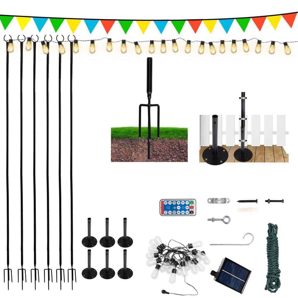 JAXPETY 8 ft. String Light Pole 25-Light Outdoor Solar Powered LED ...