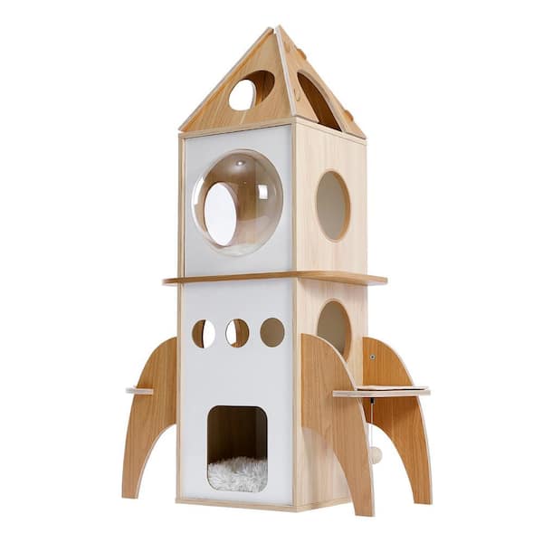 Foobrues Modern Cat Tree Rocket Shape, 54 in. Wood Cat Tower Multilevel ...