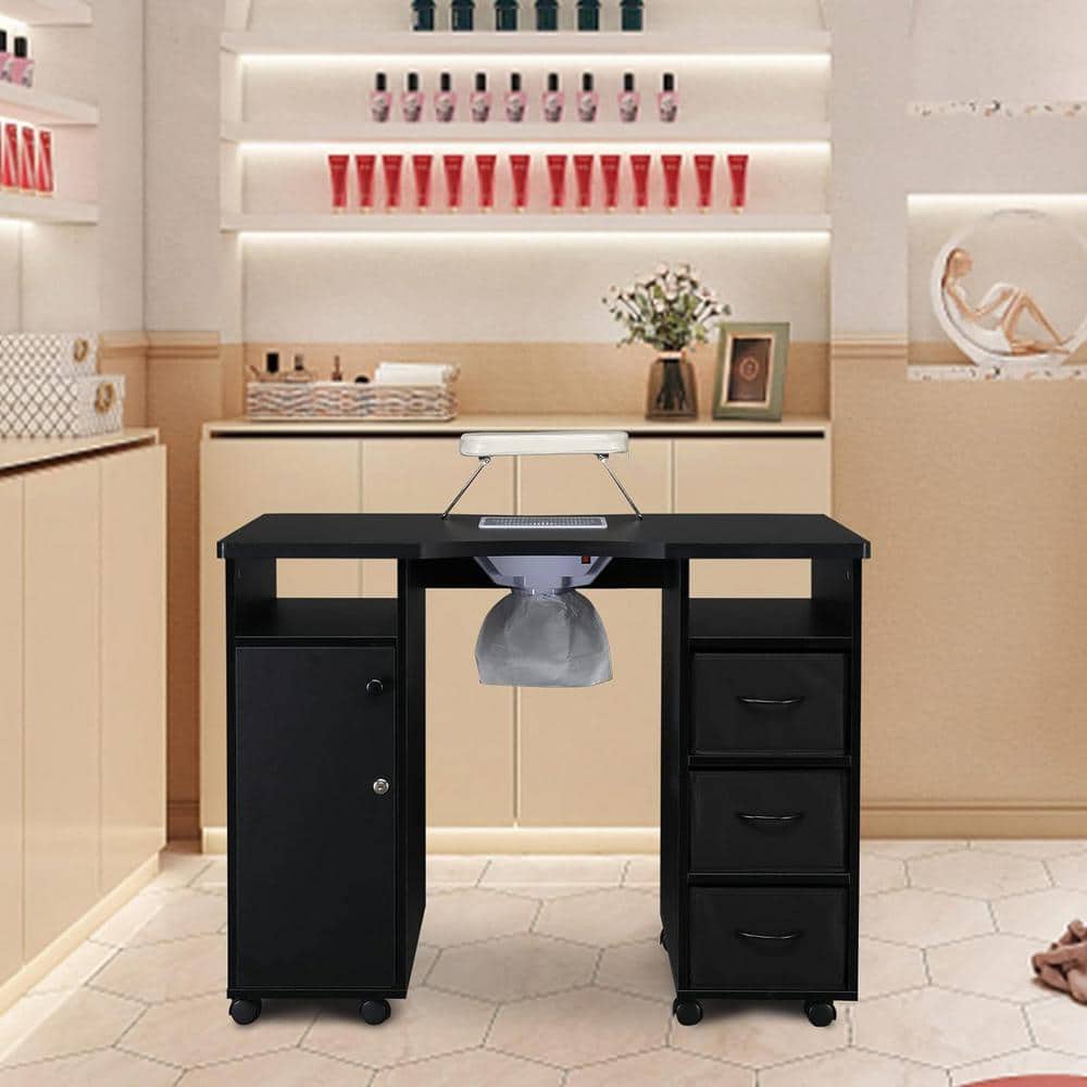 Karl home 39.8 in. Black MDF Manicure Nail Table Station 3-Drawers 1 ...