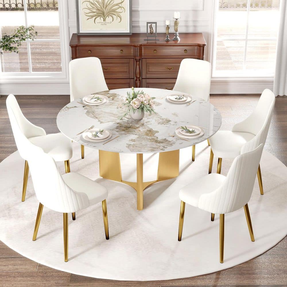 Magic Home 59.05 in. Pandora Sintered Stone Tabletop with Gold Pedestal ...