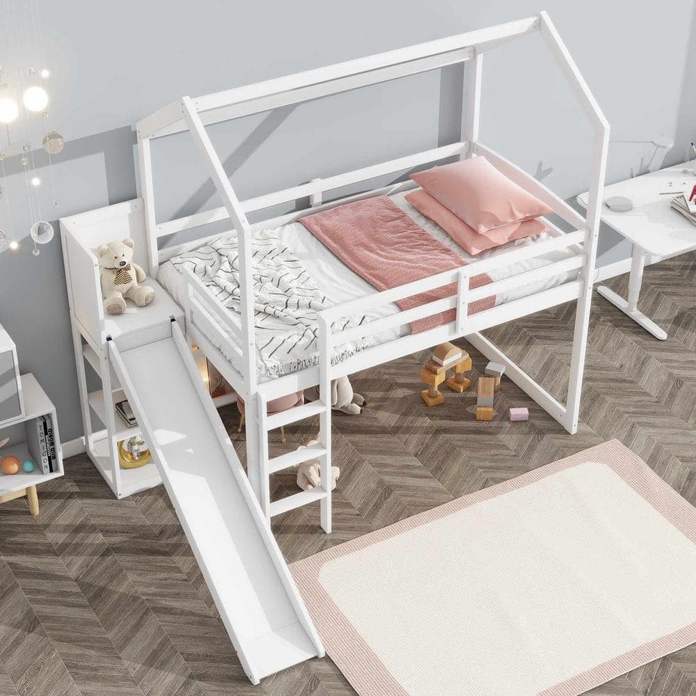 Polibi Twin Size Wood House Loft bed with Slide, Storage shelves and ...