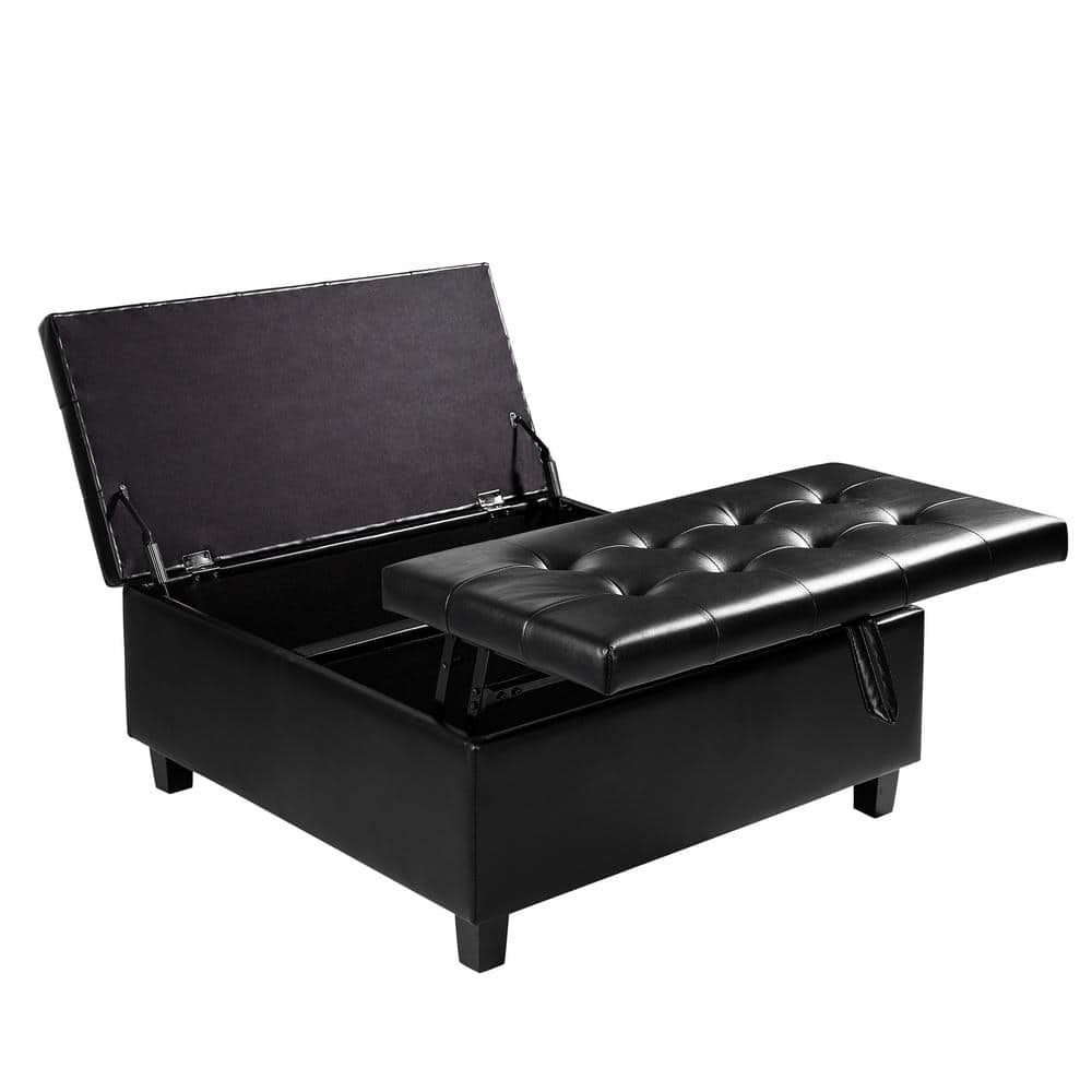 HOMESTOCK Black, Folding Storage Ottoman, Upholstered Leather Ottoman ...