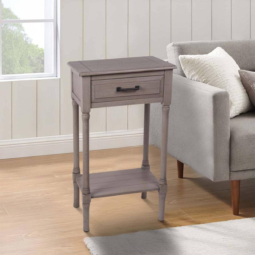 Benjara 14 in. Brown Rectangle Wood End Table with Drawer and Shelf ...