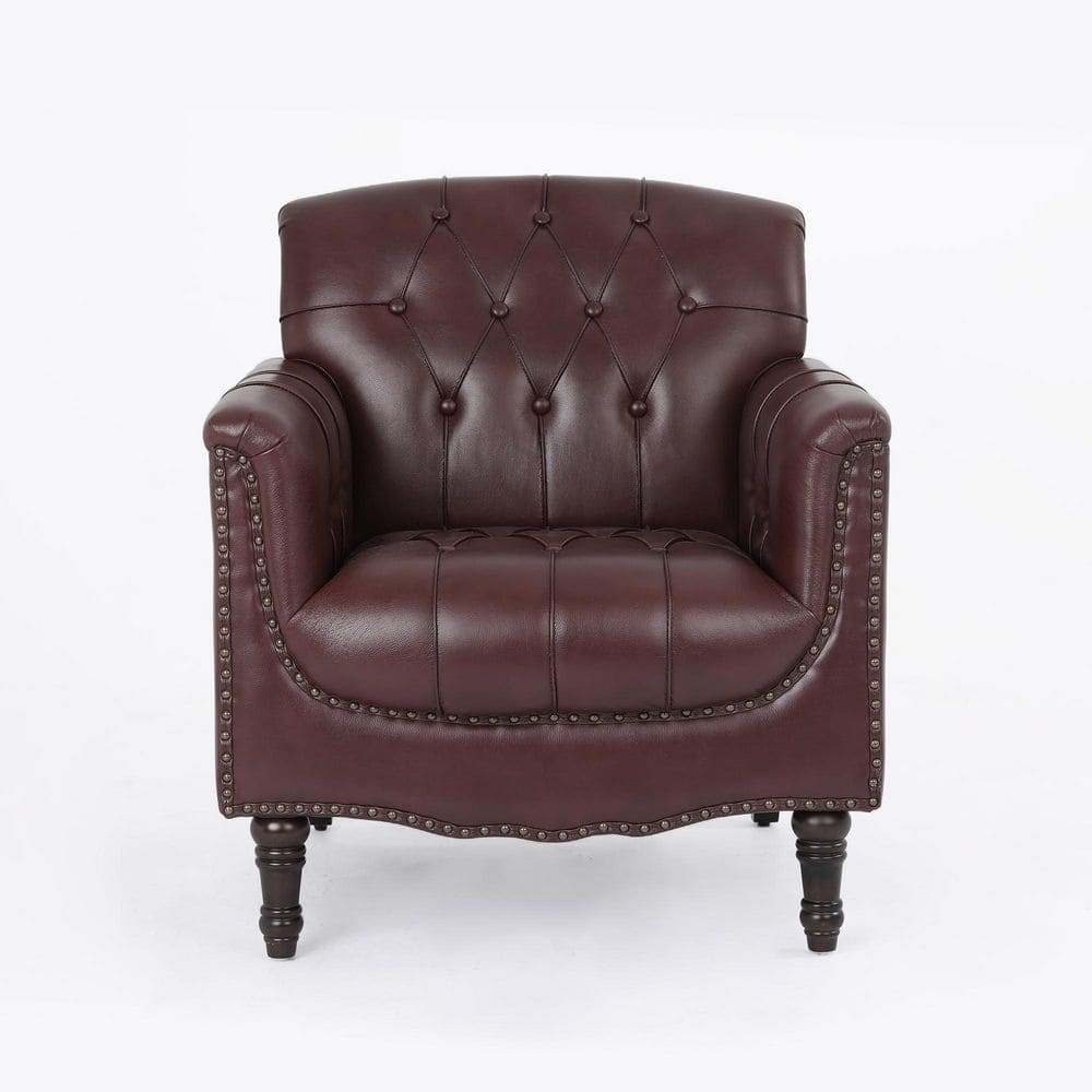 Uixe Mid-Century Dark Red Faux Leather Button Tufted Accent Arm Chair ...