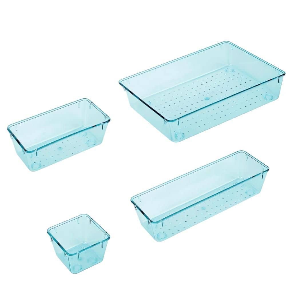 Wudkey 25-Piece Blue Plastic Drawer Organizer Set, Desk Drawer Divider ...