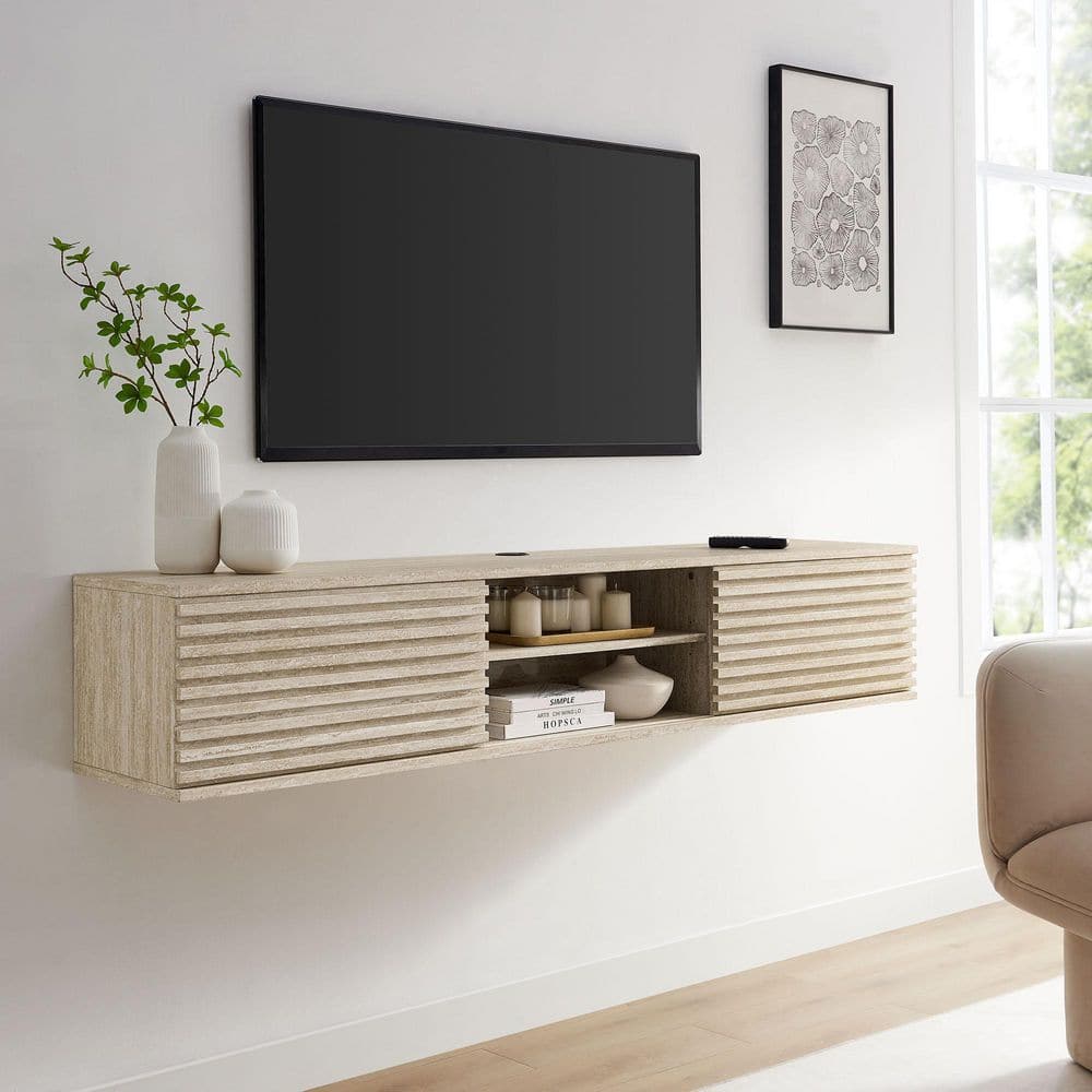 MODWAY Render 70 in. Faux Travertine Wall-Mount Media Console TV Stand ...