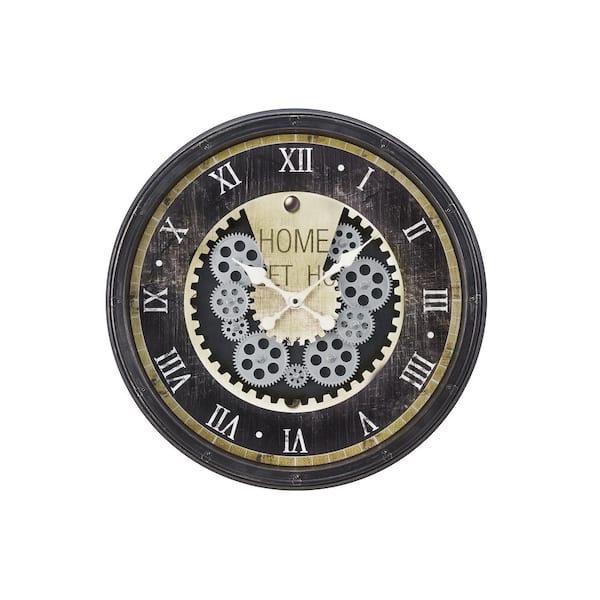 20 in. Dark Brown Round Wall Clock with Moving Gears, Roman Numeral Non ...