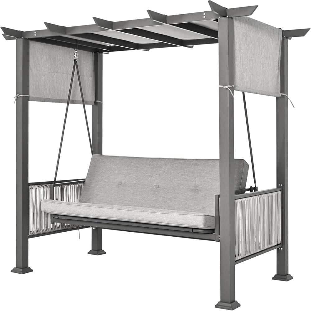 VEIKOUS Gray 3-Person Metal Porch Swing with Retractable Canopy and ...