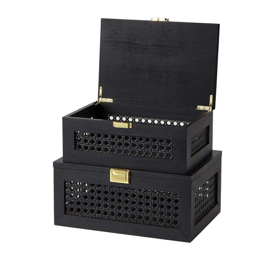 Black 11 in. x 8 in. Wood Decorative Basket Rattan Storage Boxes Set of ...