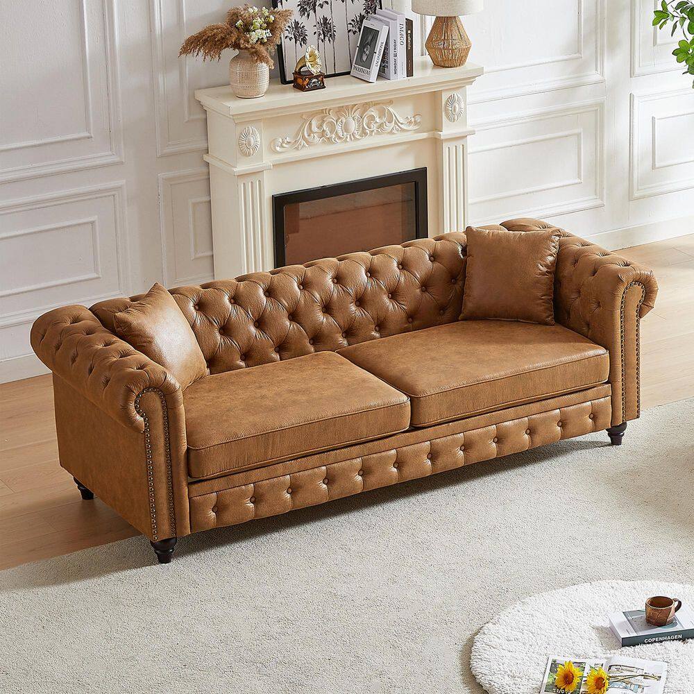 Noble House Beryl 85.5 in. Rolled Arm Faux Leather Upholstered Rectangle Tufted Chesterfield ...