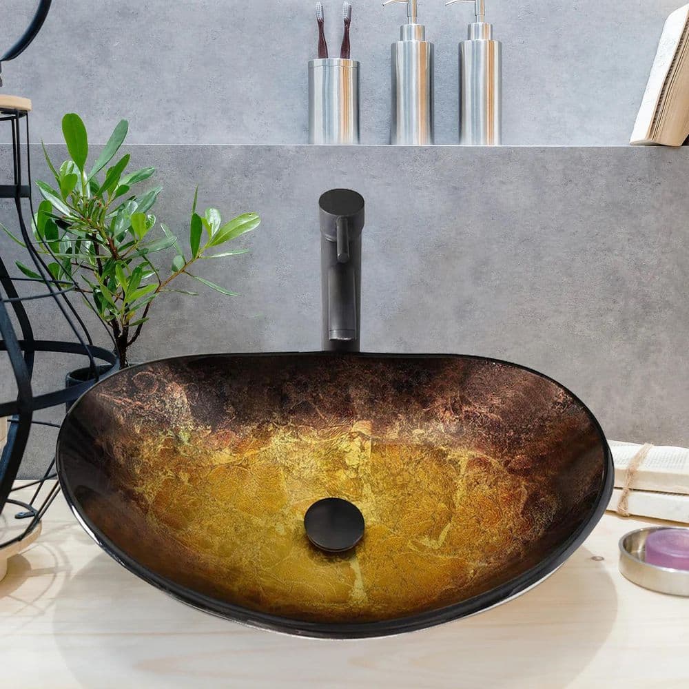 cadeninc Bathroom Glass Oval Vessel Sink with Oil Rubber Bronze Faucet ...