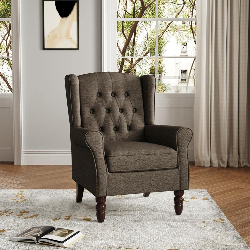 Uixe Modern Taupe Linen Upholstered Button High Back Accent Arm Chair ...