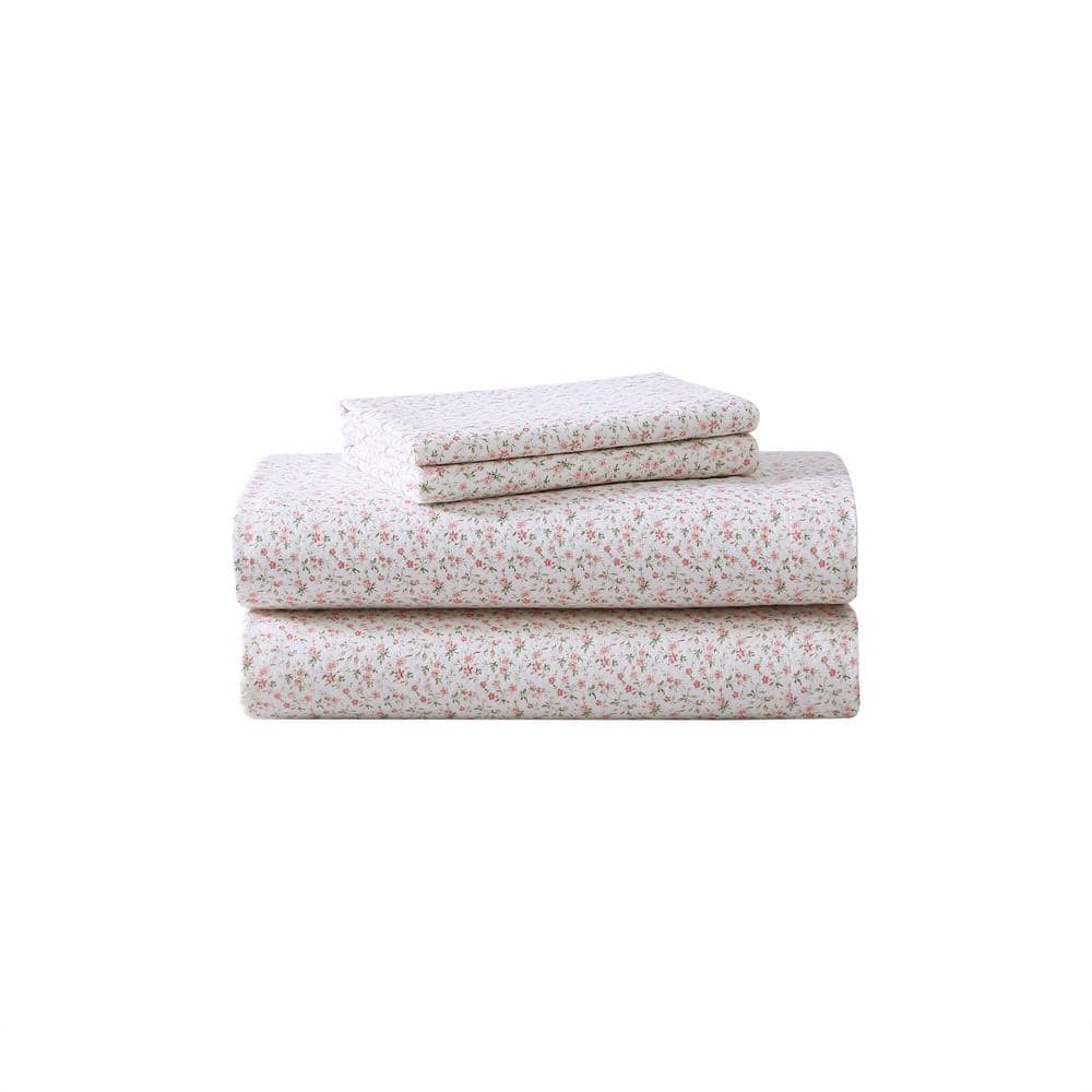 Laura Ashley Evie 4-Piece Pink Cotton Flannel Full Sheet Set ...