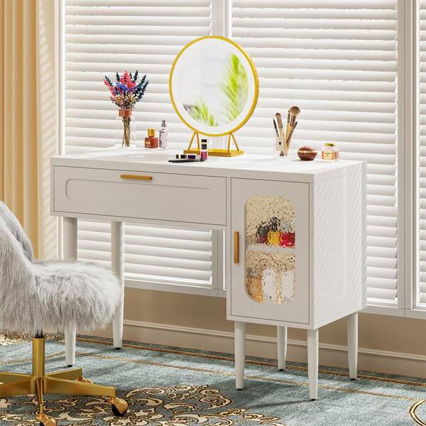 BYBLIGHT Helotes 59 in. White Makeup Vanity Desk with 3 Drawers Chic Makeup Desk with Reversible Drawers Only Desk