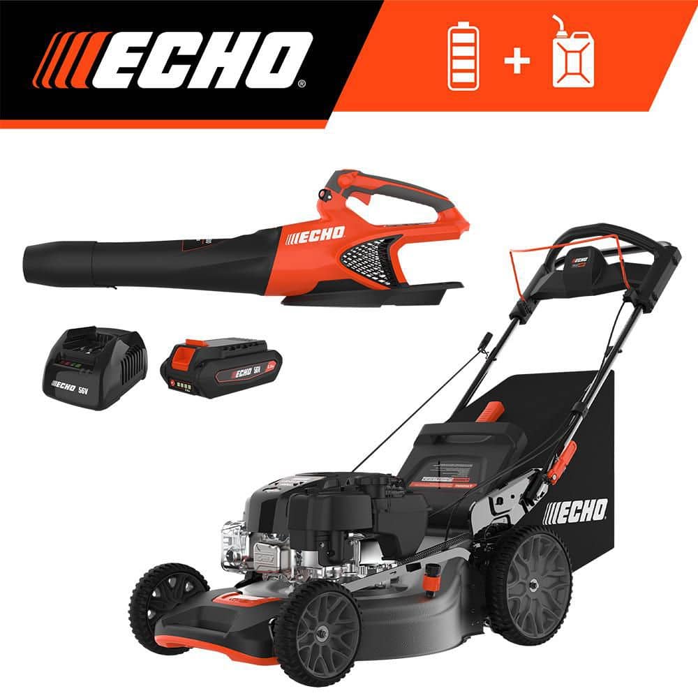 ECHO 21 in. 190 cc Gas 3-in-1 RWD Self-Propelled Lawn Mower and 56V ...