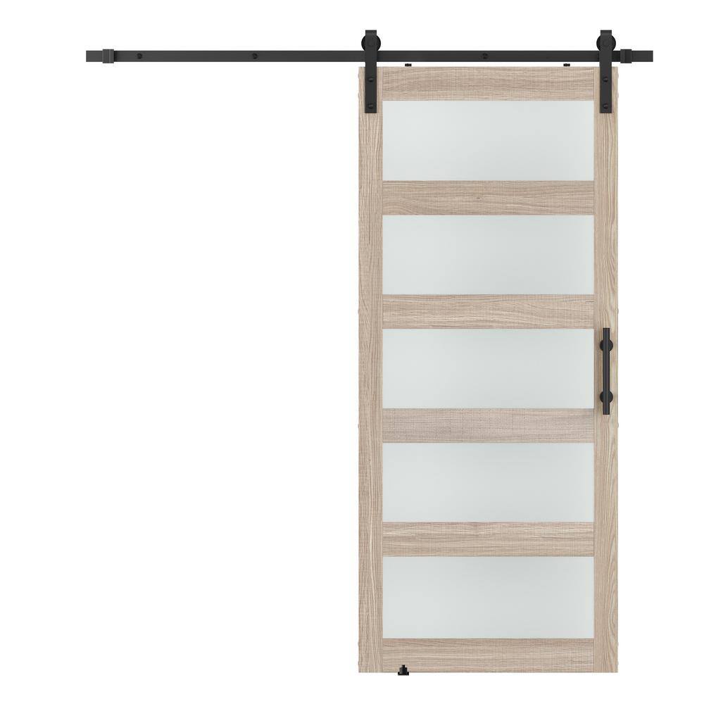 GOLDENPOLEY 30 in. x 84 in. 5-Lite Frosted Glass Light Oak Finished MDF Sliding Barn Door with ...